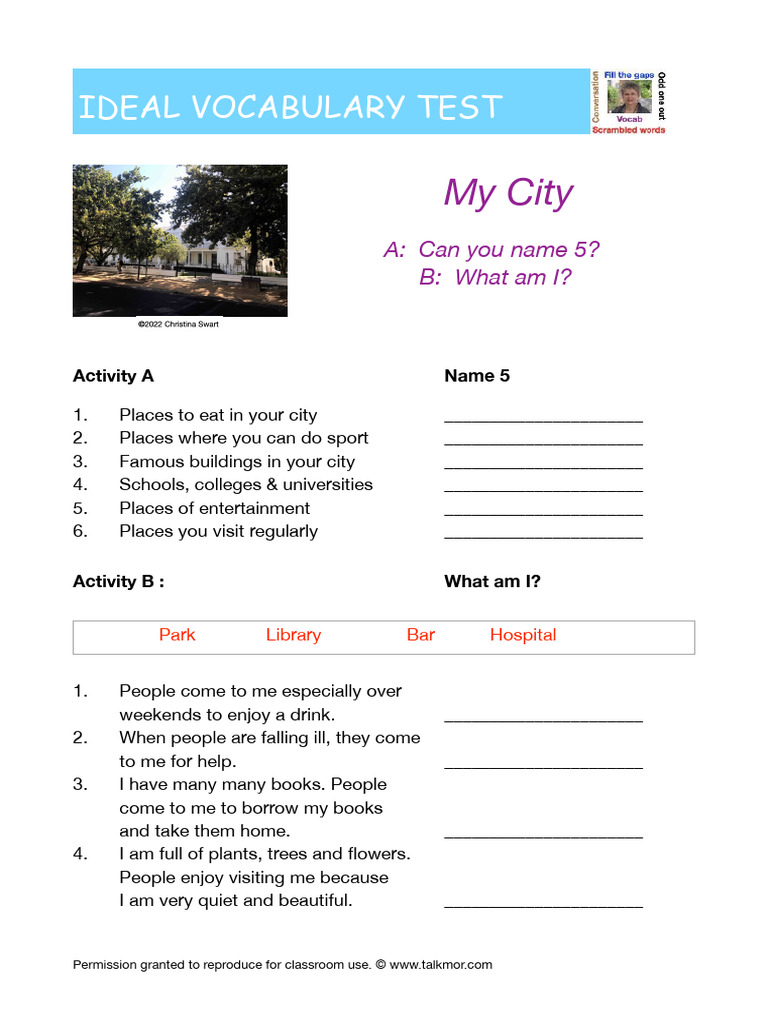 City Activities and Vocabulary Quiz | PDF