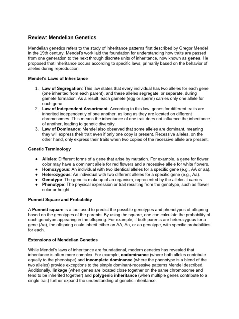 Review - Mendelian Genetics | PDF | Dominance (Genetics) | Genotype