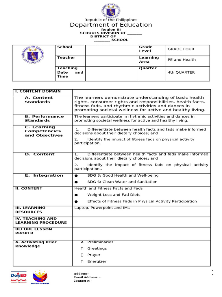 Lesson Plan Health 4 | PDF | Weight Loss | Learning