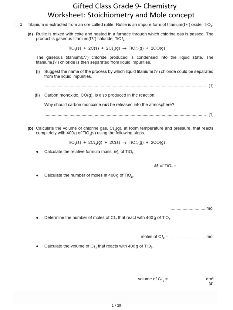 Gifted Class Grade 9 Worksheet - Stoichiometry Problems | PDF | Sodium ...