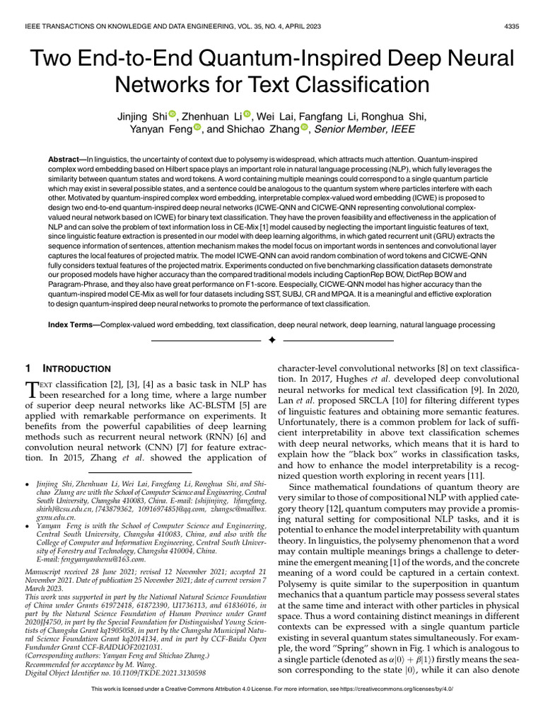 Two End-To-End Quantum-Inspired Deep Neural Networks for Text Classification | PDF | Deep ...