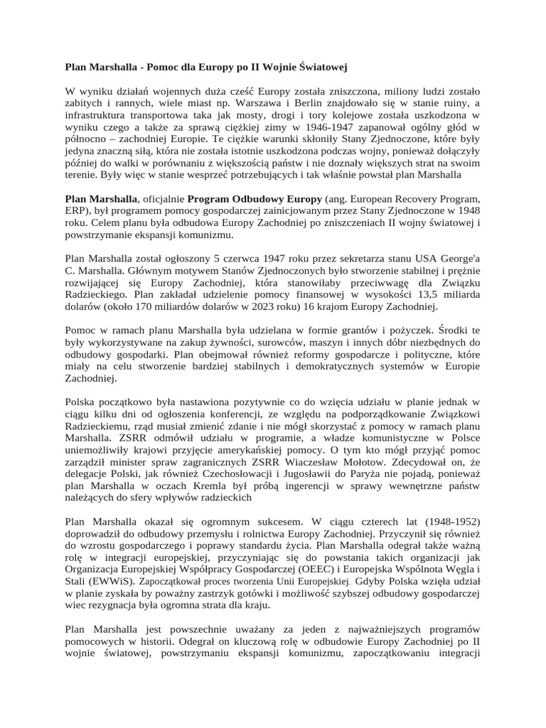 Plan Marshalla - Referat | PDF
