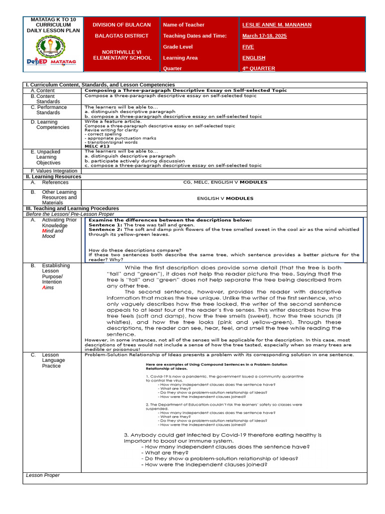 Grade 5 English Matatag Lesson Plan | PDF | Learning | Curriculum