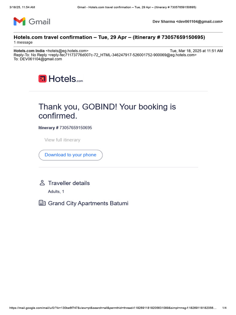 Gmail - Hotels - Com Travel Confirmation - Tue, 29 Apr - (Itinerary ...