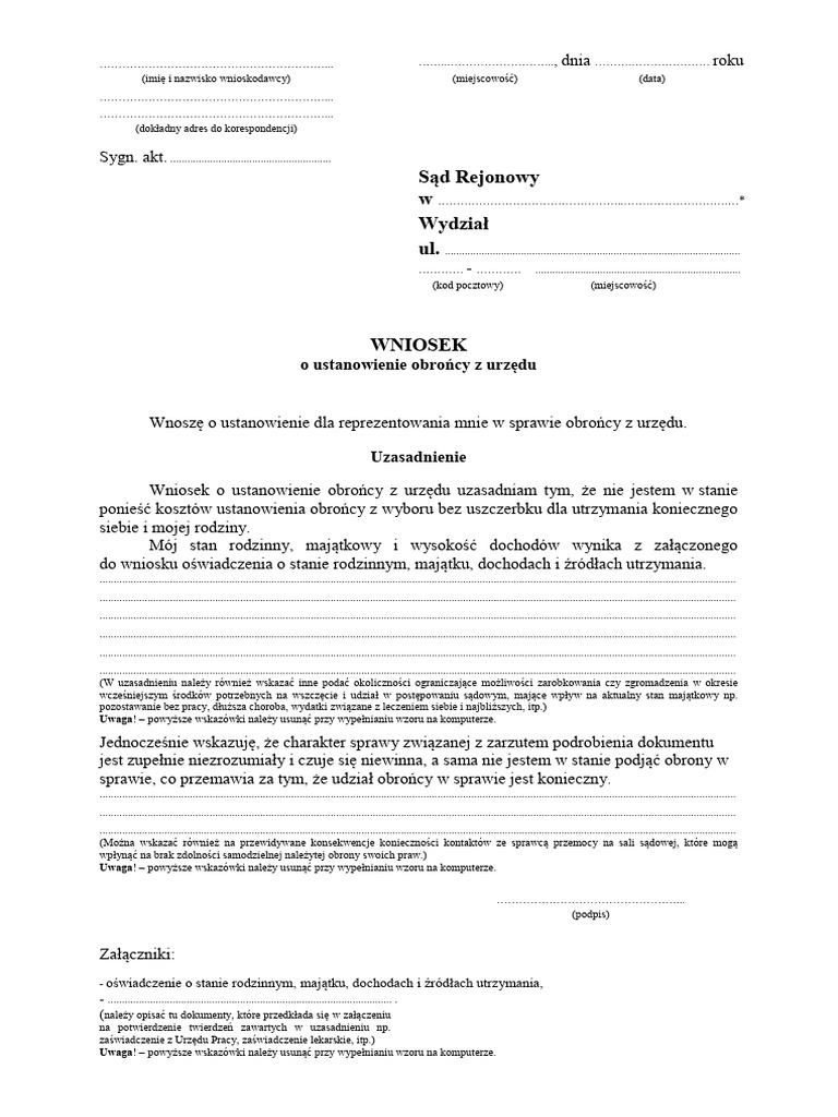 Wniosek o Ustanowienie Obroncy Z Urzedu | PDF