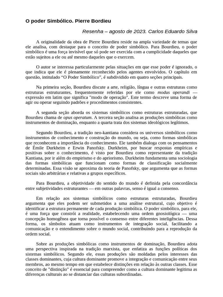 O Poder Simbolico - Resenha - 2023 | PDF | Sociologia | Poder (social e ...