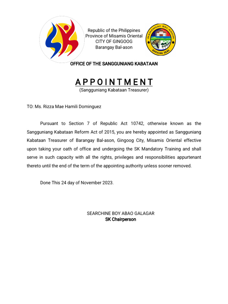 SK Appointments in Barangay Bal-ason | PDF