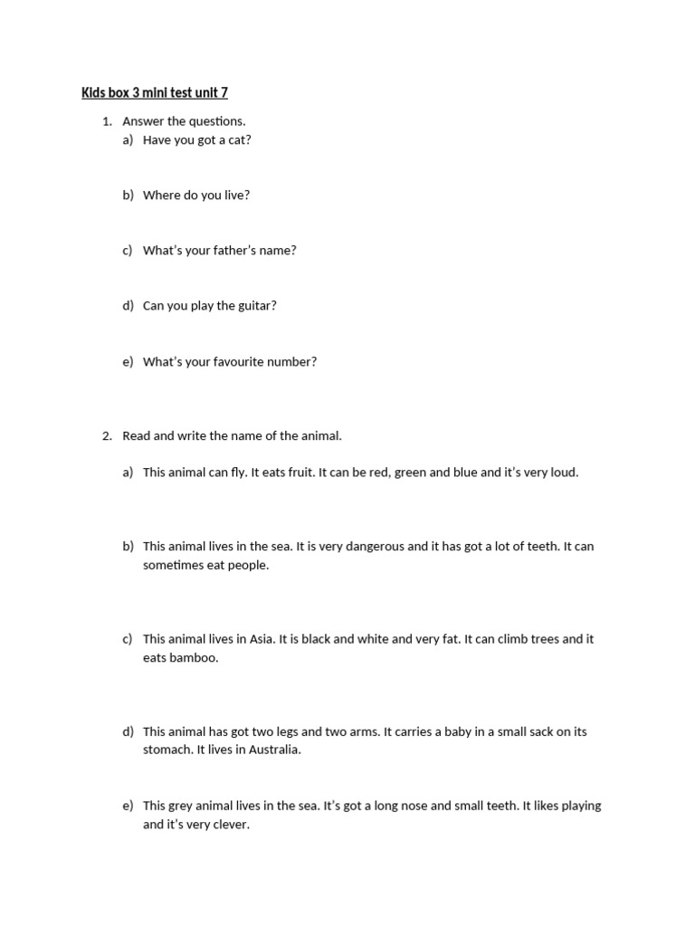 Kids Box 3 Unit 7 Mini Test | PDF