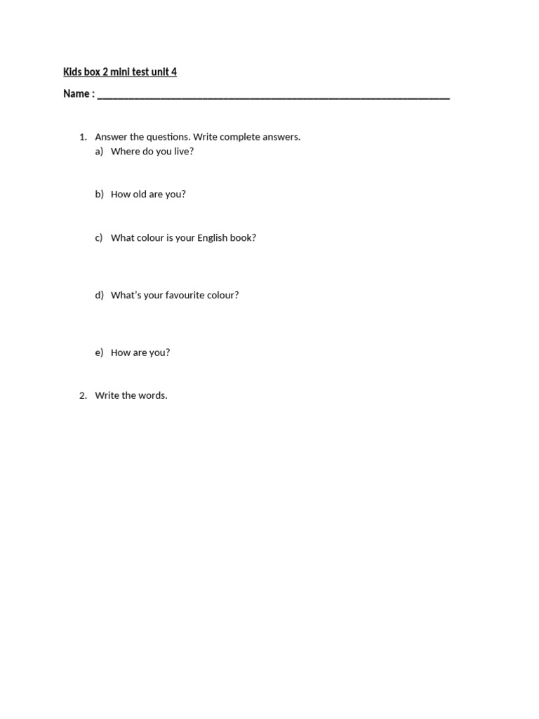 Kids Box 2 Mini Test Unit 4 | PDF