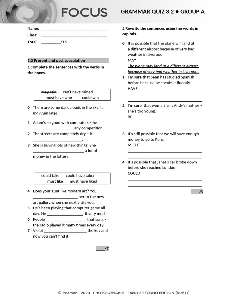 Focus3 2E Grammar Quiz Unit3 2 GroupA | PDF | Linguistic Typology | Languages