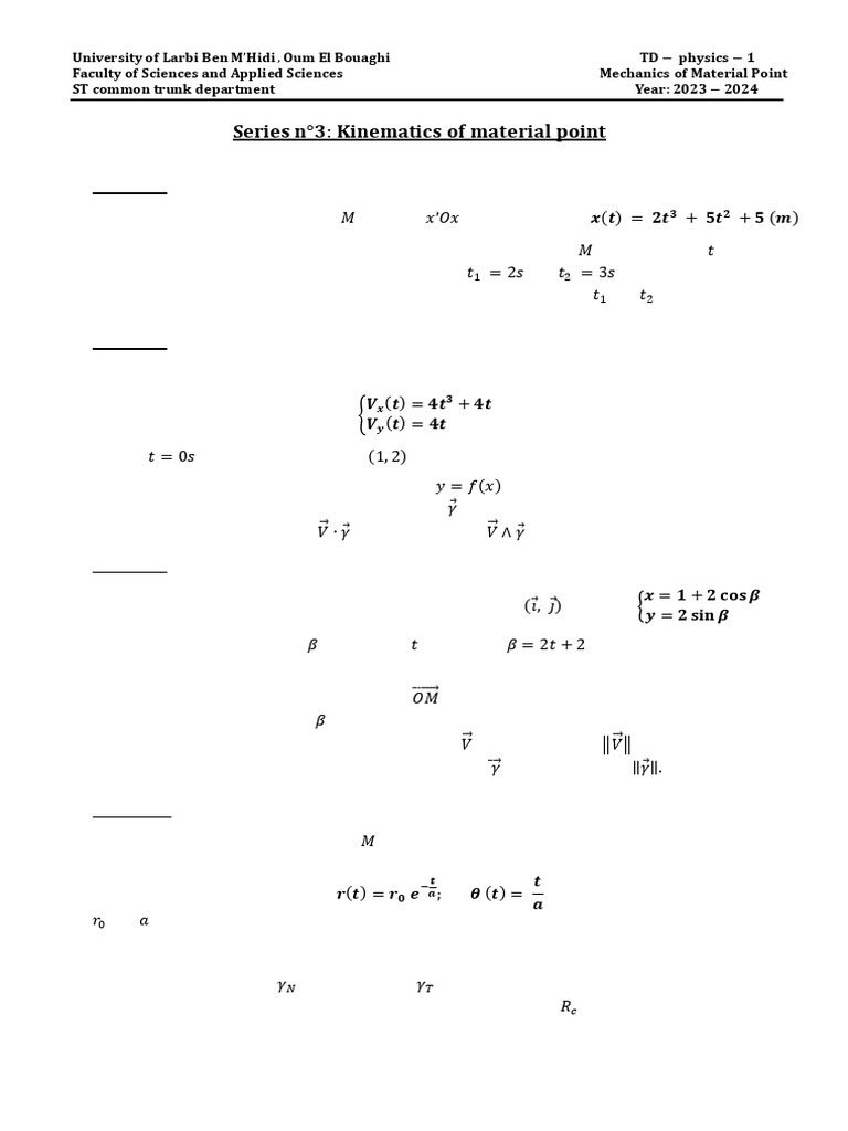 Series n°3 Kinematics of material point | PDF | Acceleration | Coordinate System