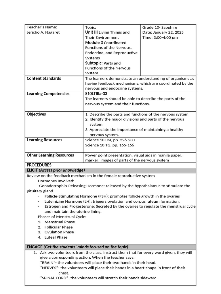 Nervous System Functions for Grade 10 | PDF | Menstrual Cycle | Central ...