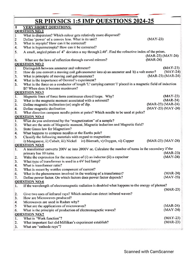 SR - Physics IPE IMP QUESTIONS | PDF