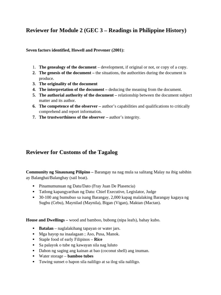 Reviewer For Module 2 (GEC 3 - Readings in Philippine History) | PDF