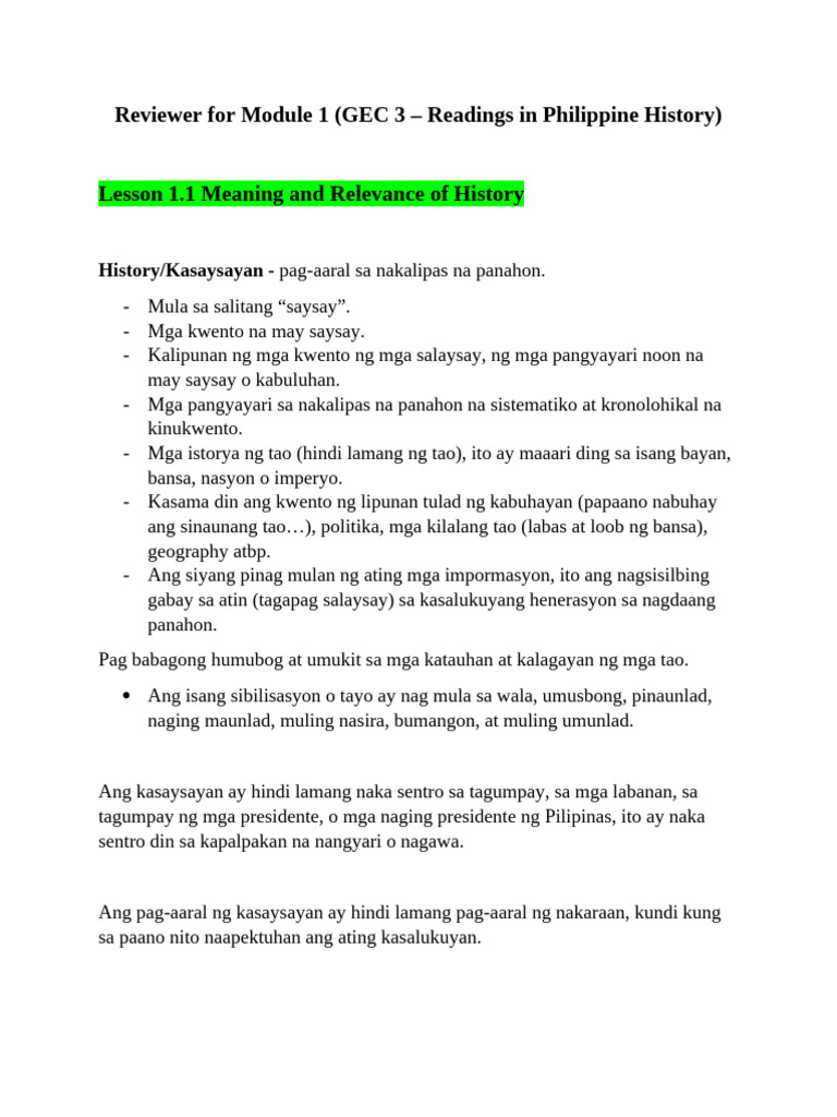 Reviewer For Module 1 (GEC 3 - Readings in Philippine History) | PDF