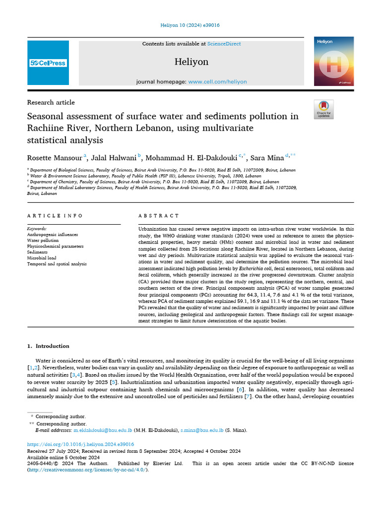 Seasonal Assessment of Surface Water and Sediments Pollution in ...