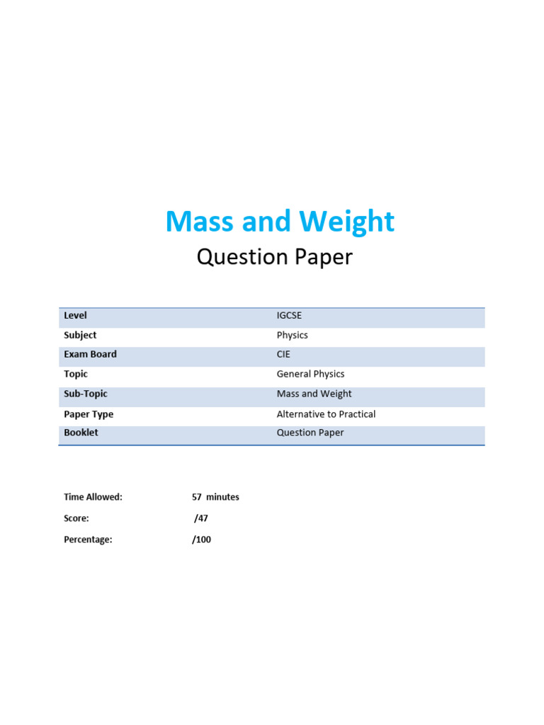 13 Mass and Weight CIE IGCSE Physics Practical QP | PDF | Metre | Weight