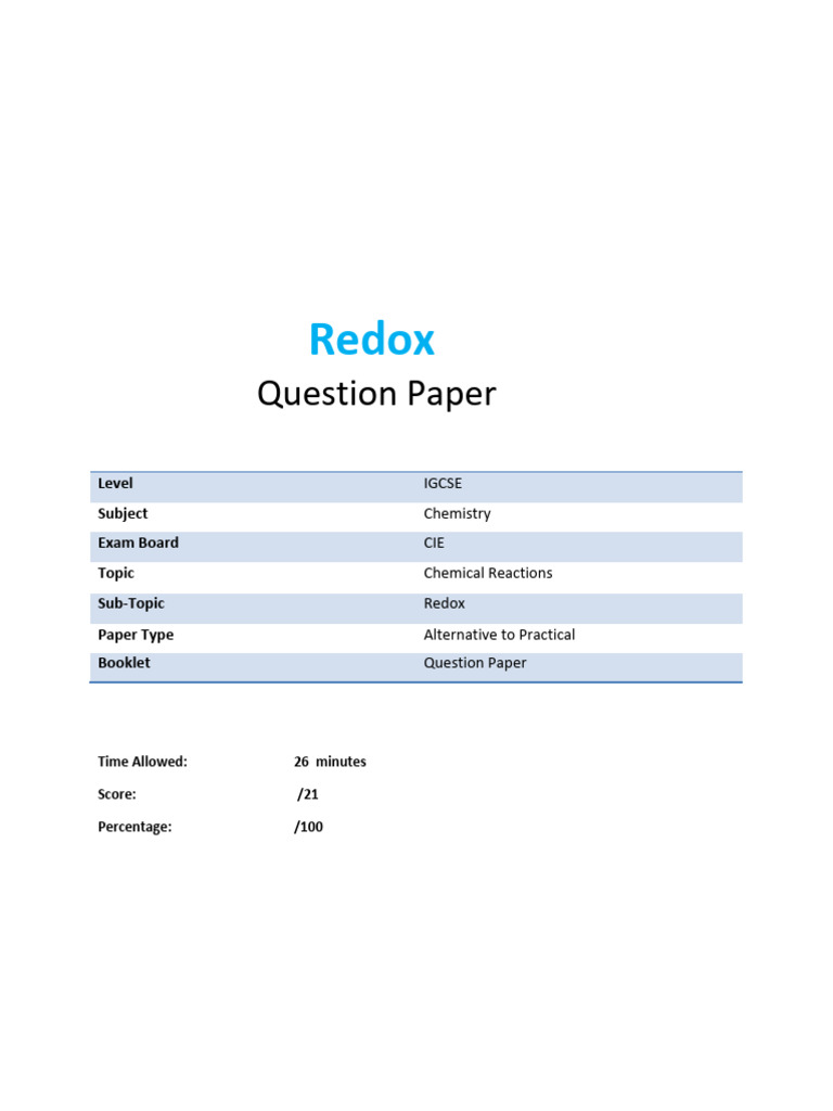 11 Redox CIE IGCSE Chemistry Practical QP | PDF | Chemical Reactions ...