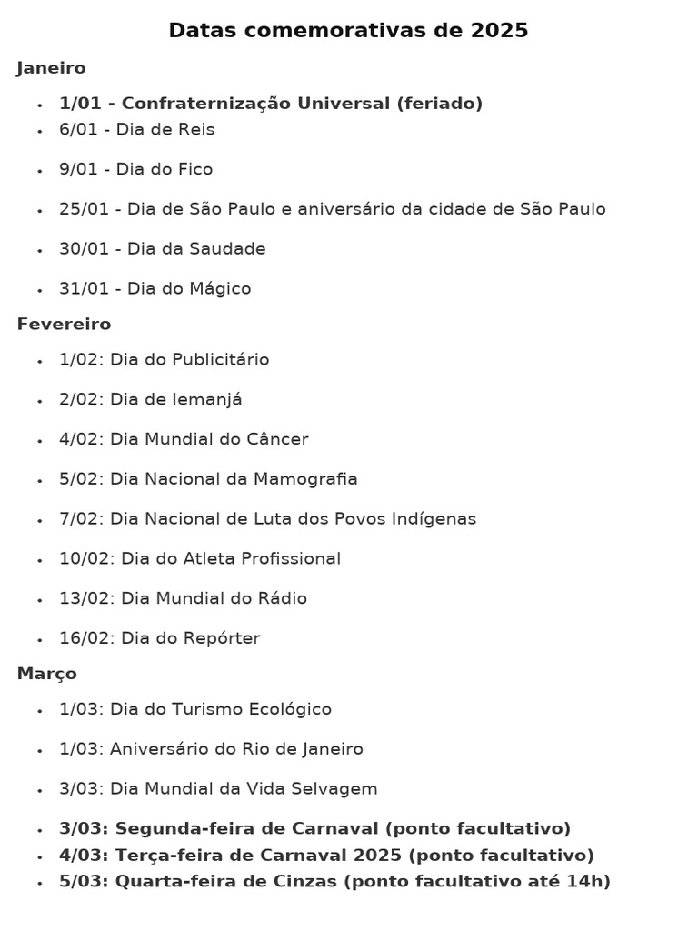 Datas Comemorativas de 2025 | PDF | Brasil