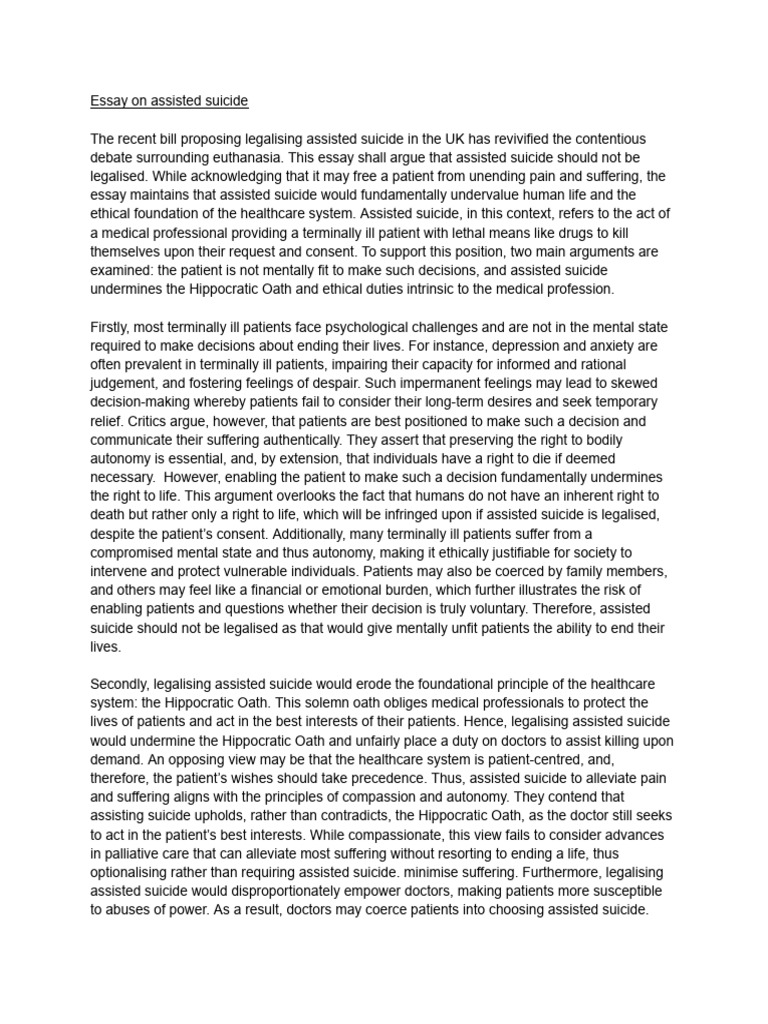 Essay on assisted suicide | PDF | Terminal Illness | Autonomy