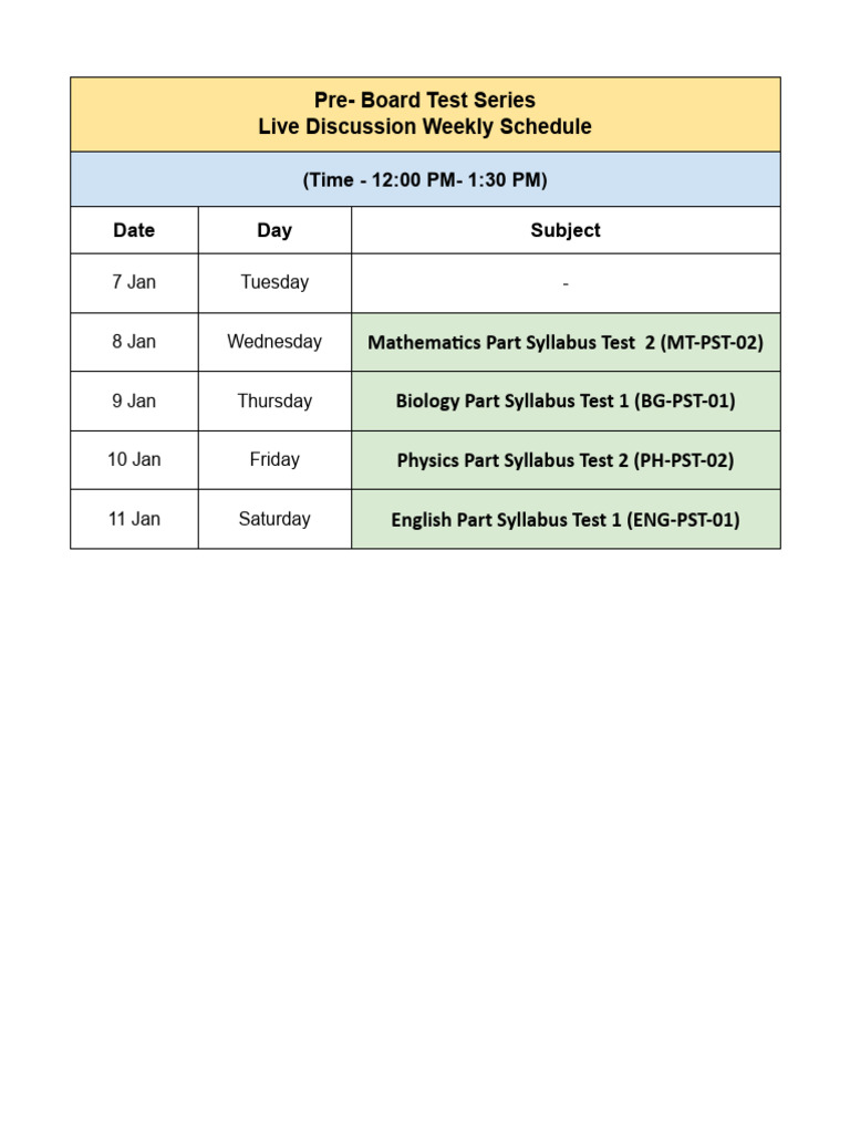 Pre-Board Disc Class Weekly Schedules - Google Sheets | PDF