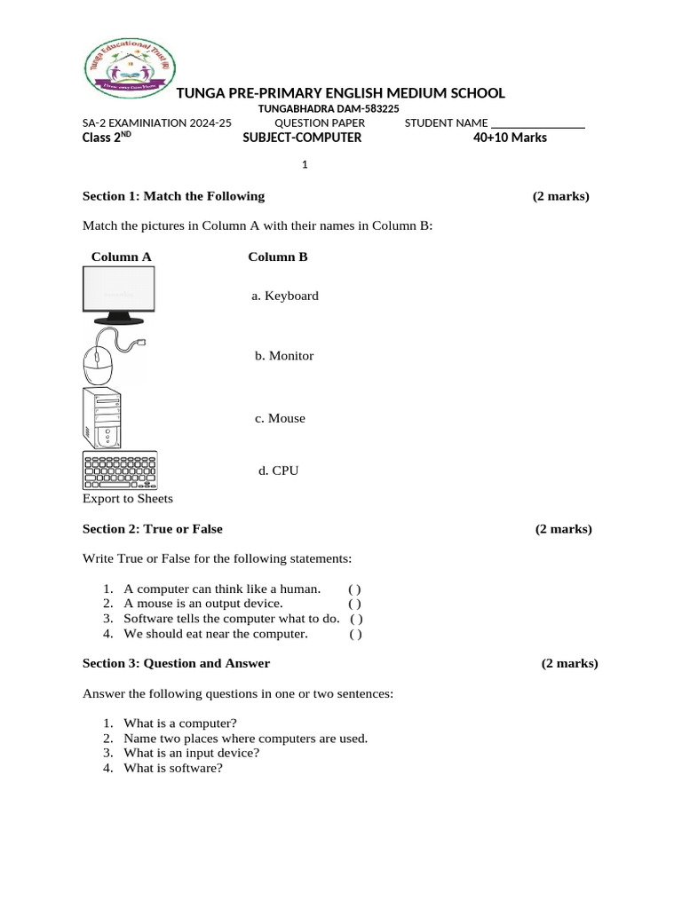 Class 2nd SA-2 Question Paper | PDF | Input/Output | Computer Keyboard