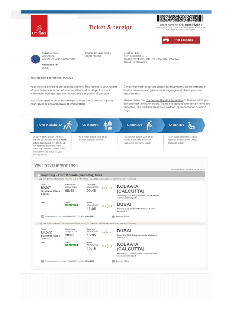 Ccu To Dubai (06.04) and Dubai To Ccu (18.04) - Emirates Ticket | PDF ...
