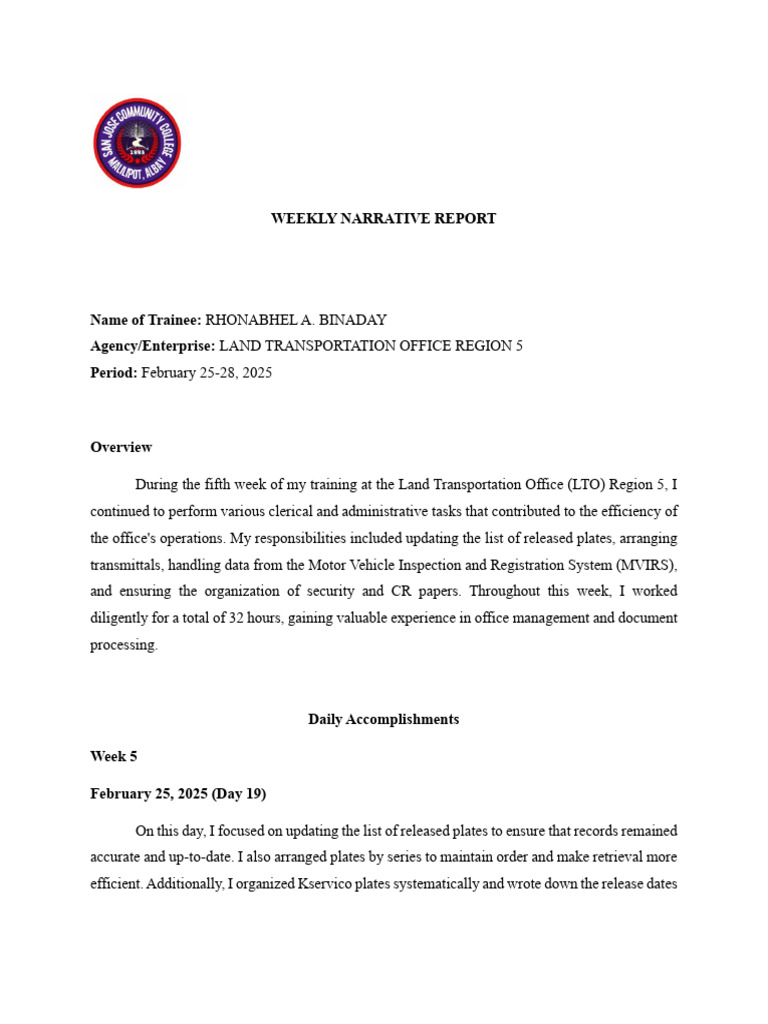Weekly Narrative Report 5 | PDF
