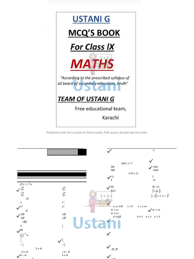 9th Class Maths MCQs by Ustani g | PDF | Logarithm | Complex Number