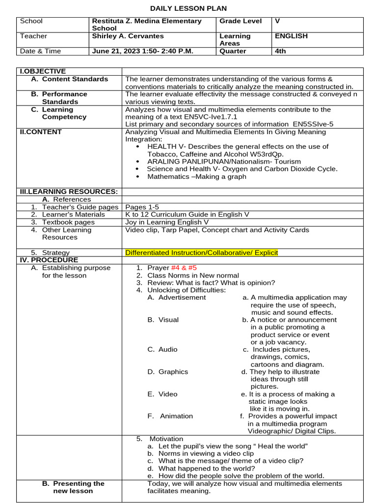 Maam Shie English V Lesson Plan q3 | PDF | Multimedia | Graphics