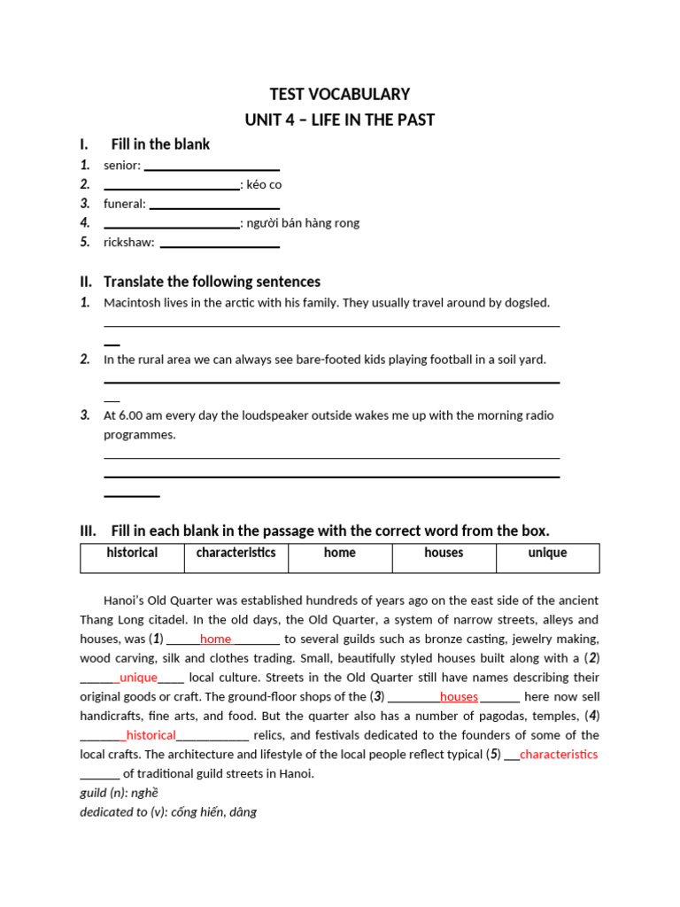 Test Vocab Unit 4 - Life in The Past | PDF
