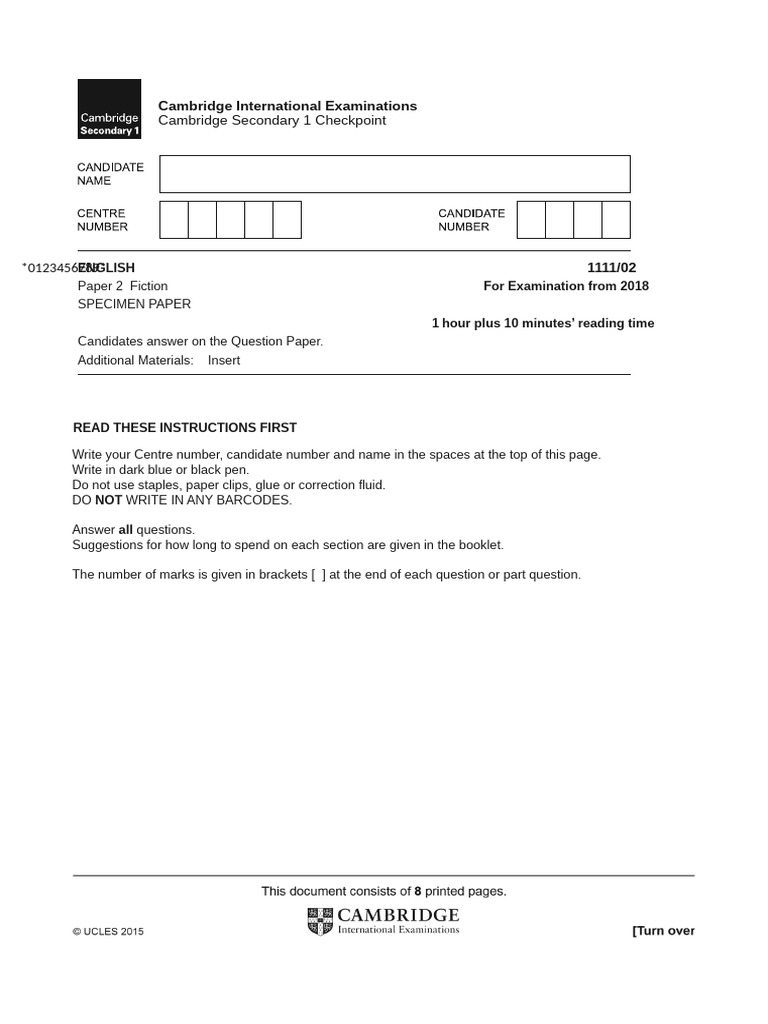 English Specimen Paper 2 2018 | PDF