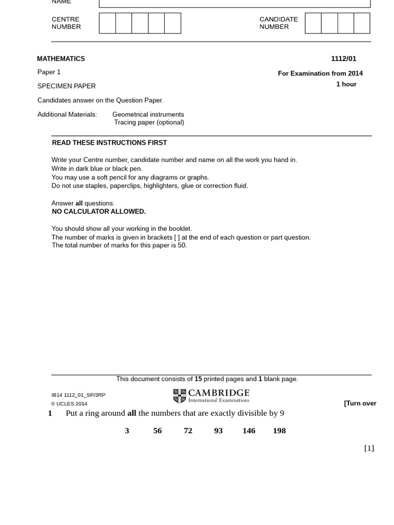Mathematics Specimen Paper 2014 | PDF | Mathematics