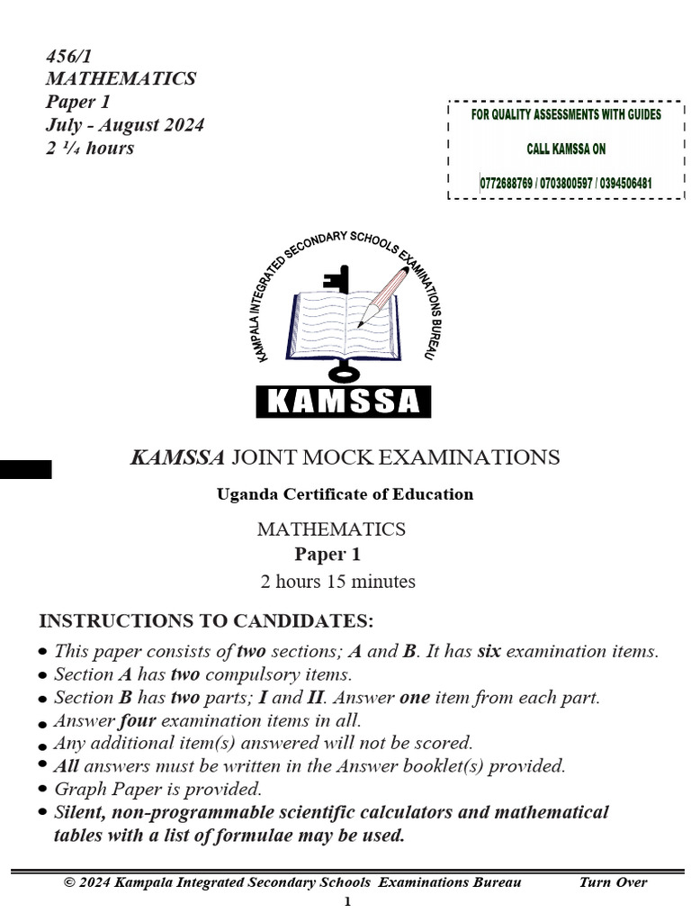 Uce Math 1 Mock Exam 2024 | PDF