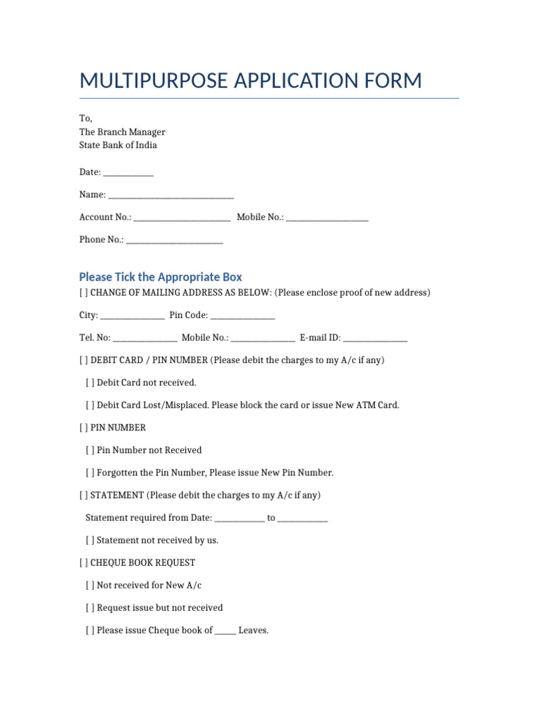 SBI Multipurpose Application Form | PDF | Debit Card | Cheque
