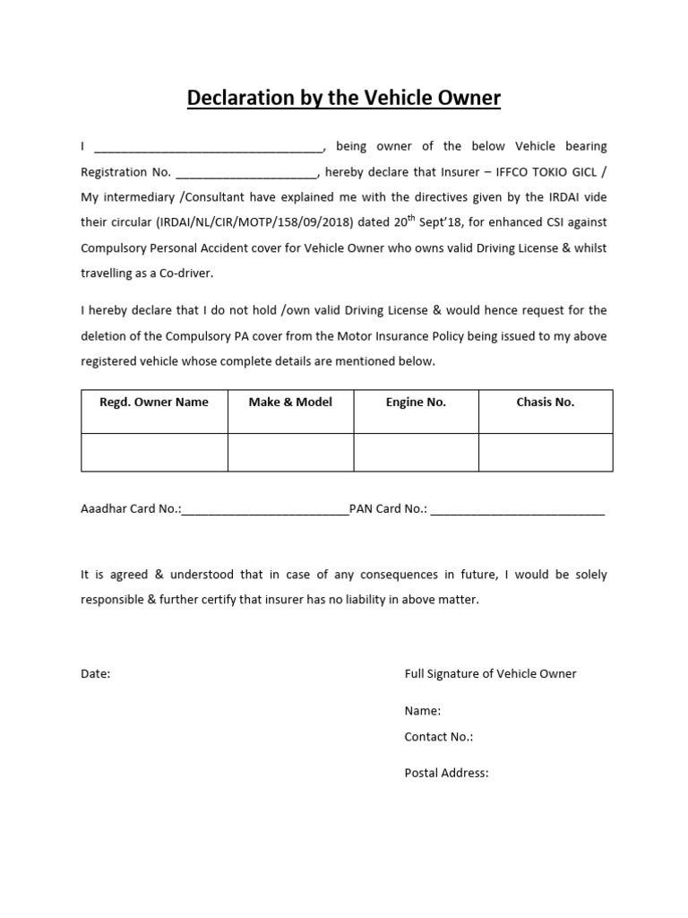 Vehicle Owner Declaration for Insurance | PDF