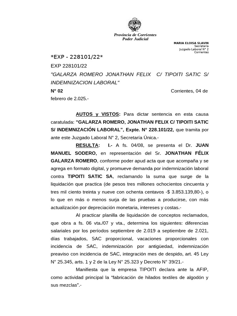 Indemnización Laboral: Caso Galarza vs. Tipoiti | PDF | Testigo | Salario