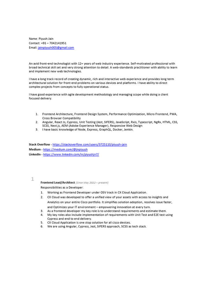 Piyush_Jain_Frontend_Architect | PDF | Java Script | Software Engineering