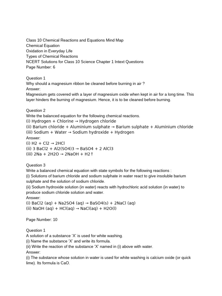 Class 10 Chemical Reactions and Equations Mind Map | PDF | Chemical ...