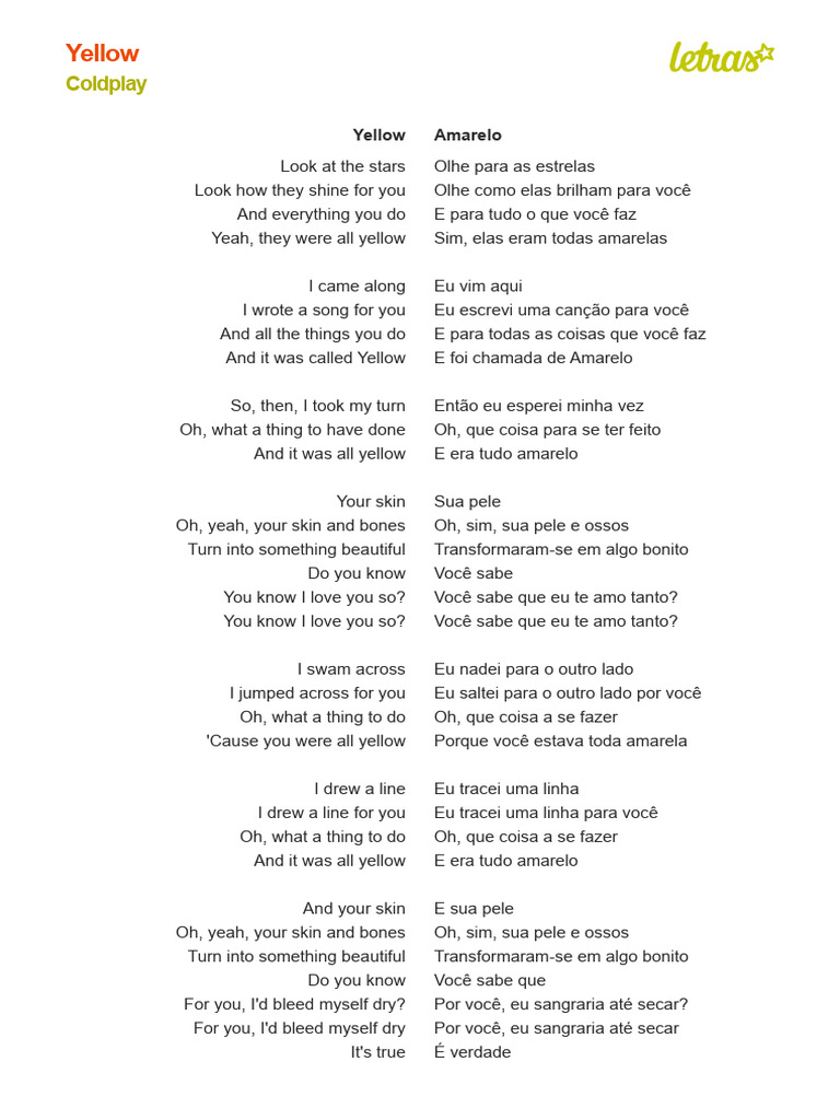 YELLOW (TRADUÇÃO) - Coldplay (Impressão) | PDF | Gravação de som ...