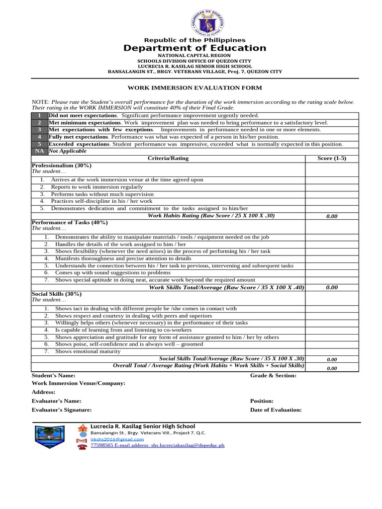 Work Immersion EVALUATION FORM 2024 2025 | PDF | Behavior Modification | Cognition