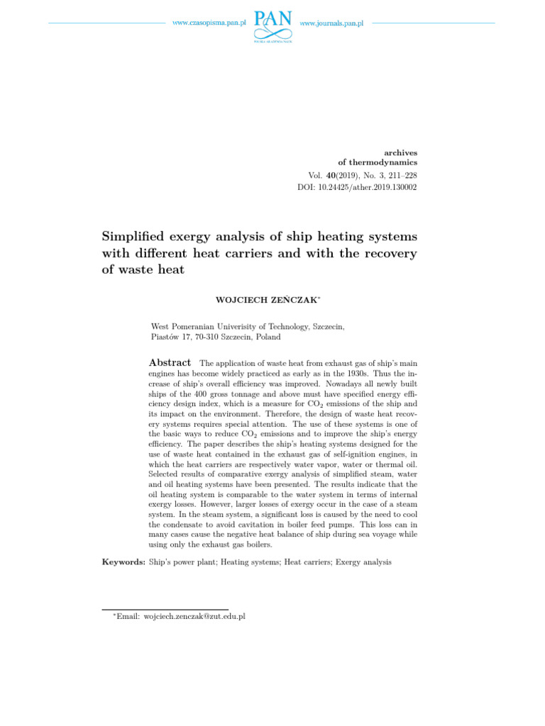 Simplified Exergy Analysis of Ship Heating Systems | PDF | Exergy | Heat