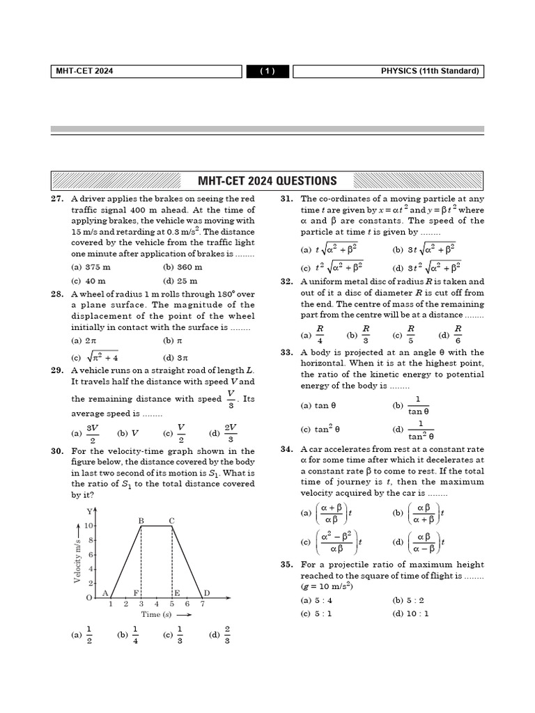 MHT-CET 2024 Questions - 11th Physics | PDF | Mass | Mechanical Engineering