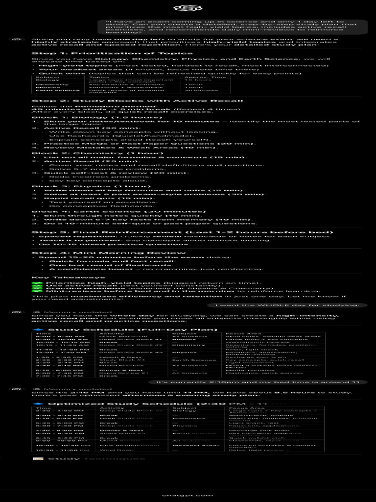 1 Day Science Study Plan | PDF