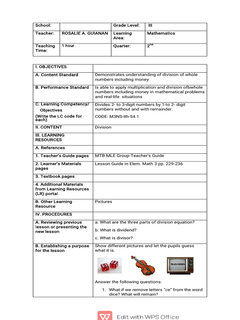 LESSON PLAN - GUIANAN - ROSALIE A.-WPS Office | PDF | Division ...