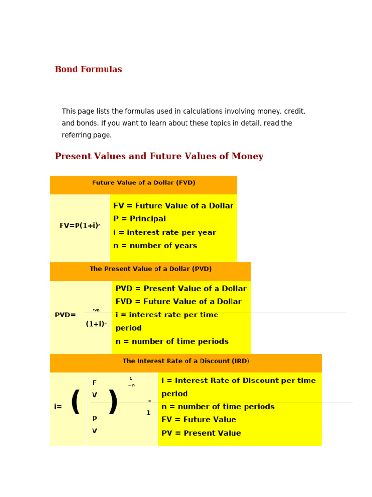 Bond Formulas | PDF | Yield (Finance) | Present Value
