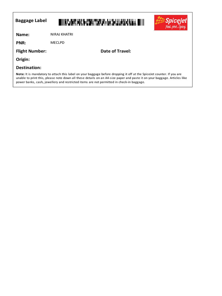 Spicejet Bagaggelabel Meclpd For MR Niraj Khatri | PDF