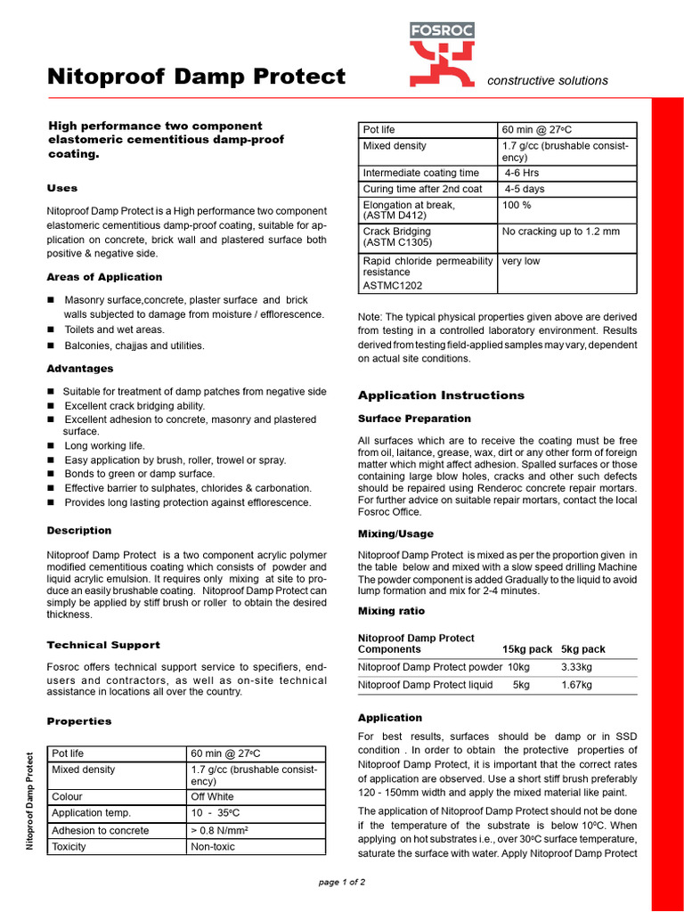 TDS Nitoproof Damp Protect India5 | PDF | Concrete | Mortar (Masonry)