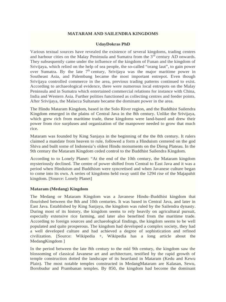 Mataram and Sailendra Kingdoms Overview | PDF