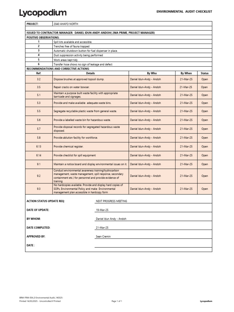 BRM-FRM-054_0 Environmental Audit_140325-2MA Prime_Corrective Action ...